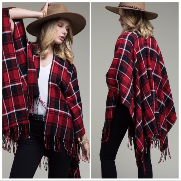 Sweaters | Red Plaid Soft Poncho Ruana | Poshmark